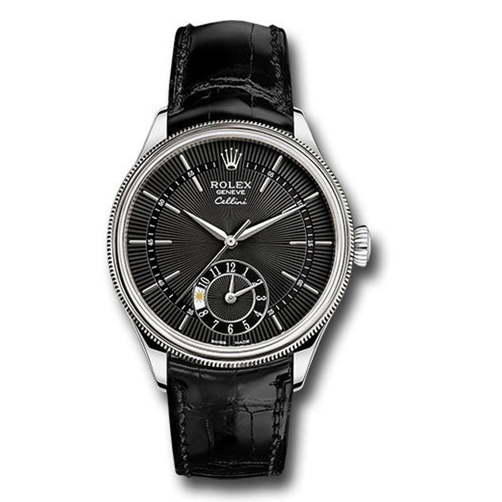 Rolex Cellini Dual Time Watch - White Gold - Black Dial - Black Leathe